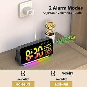 120db Super Loud Alarm Clocks for Heavy Sleepers adults , 15 Wake Up Sounds Alarm Clock for Heavy sleepers , 7 Color Night Light, Dynamic RGB Color , 0-100% Dimmer, Snooze, DST , Large LED Display