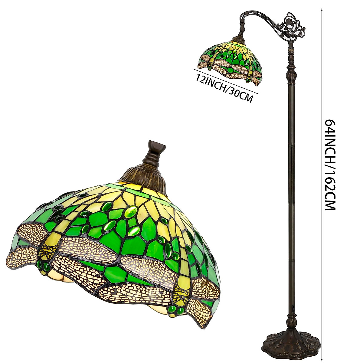 WERFACTORY Tiffany Floor Lamp Green Stained Glass Dragonfly Arched Lamp 12X18X64 Inches Gooseneck Adjustable Corner Standing Reading Light Decor Bedroom Living Room S459 Series