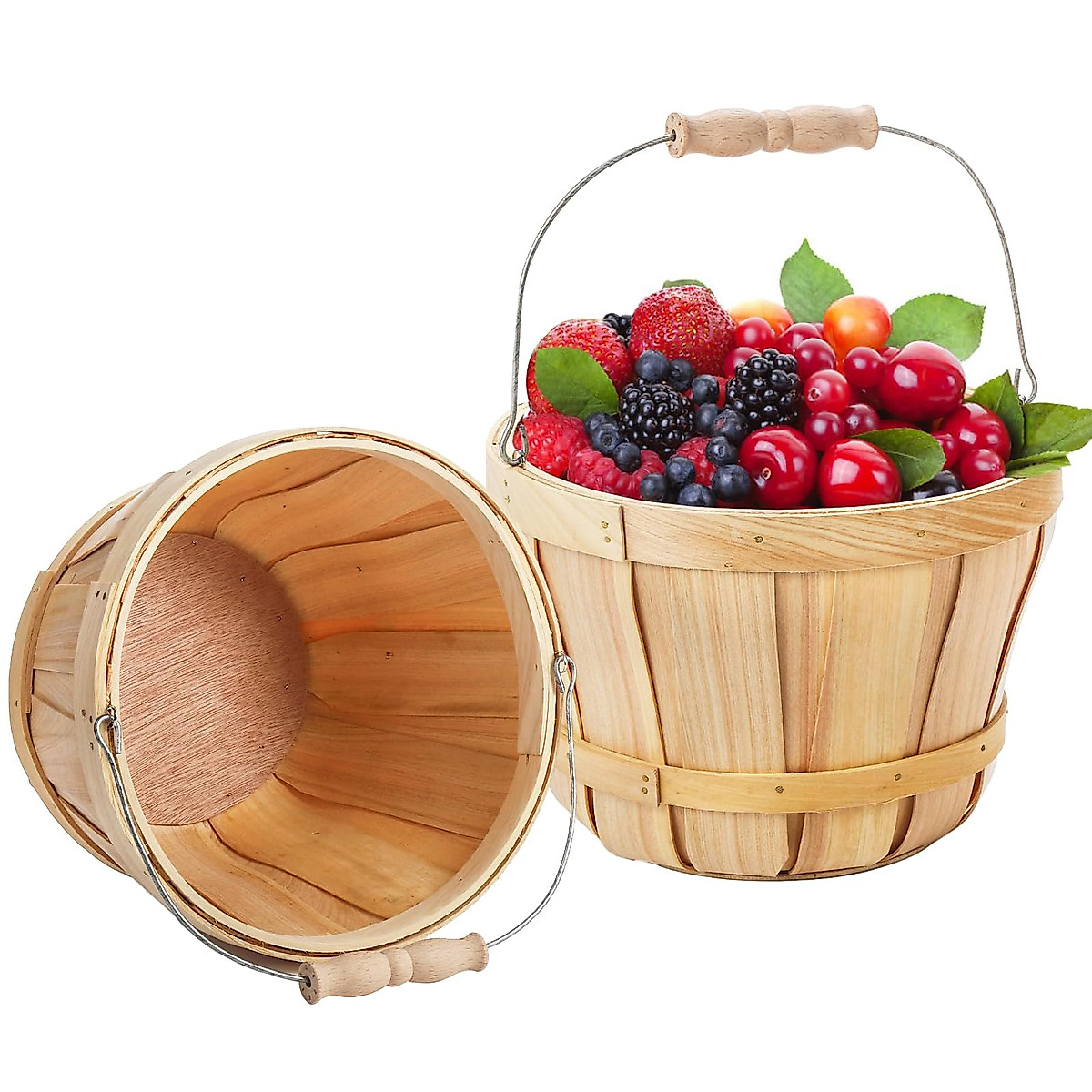 ZILAMGOO 2 Pack Round Wooden Baskets with Handles, Wooden Fruit Bucket, Bushel Baskets for Fruit and Vegetables, Decorating for Party, Birthdays, Holiday