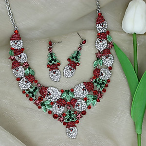 QYJ 2 Pcs/Set Fashion Statement Bib Santa Claus Christmas Necklace Dangle Earring Costume Jewelry Set for Christmas Party Xmas Gift for Women(Style3-Platinum Plated)