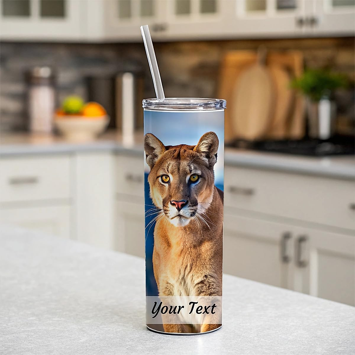 Personalized Custom Name Text Mountain Lion Cougar Skinny Tumbler 20oz with Straw Insulated Water Bottle Gift - 1 Line Horizontal