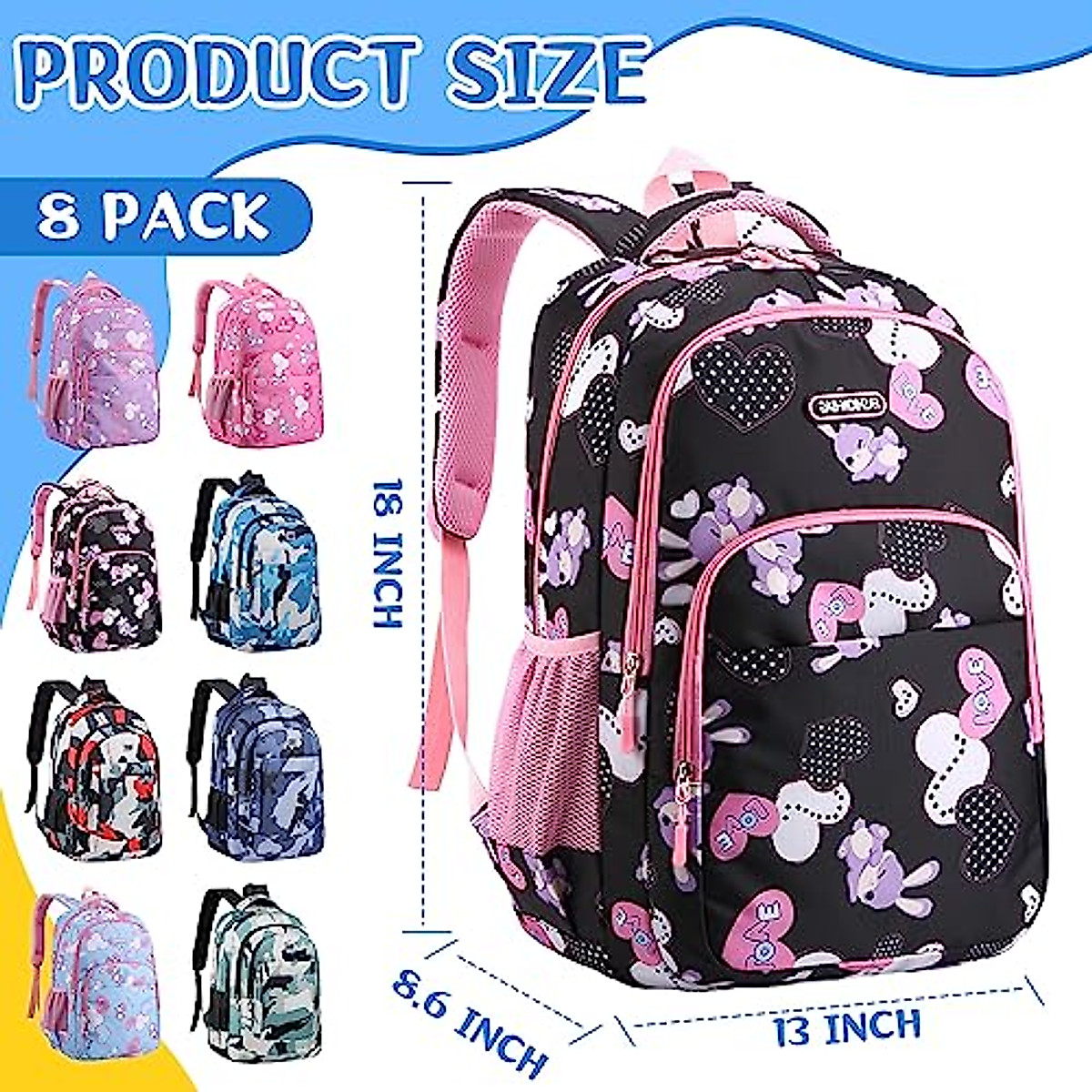 PerKoop 8 Pieces Backpacks Boys and Girls 17 Inch School Bag Bulk Printed Student Backpacks with Adjustable Padded Straps and Bottle Holder for Back to School Elementary Middle High School, 8 Color