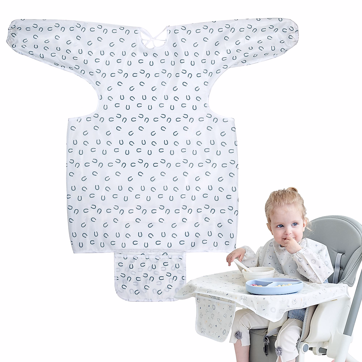 Little Dimsum Baby & Toddler Weaning Bib Coverall, Attaches to High chair, Waterproof Long Sleeve Feeding Smock Apron, Easy to Clean for Eating 6-36 Months
