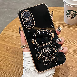 for Oneplus Nord N20 5G Case 6D Plating Astronaut Hidden Stand with Camera Cover,Luxury Glitter Soft TPU Bumper Cute Cartoon Folding Bracket Kickstand Phone Case for Oneplus N20 for Girls Women Black