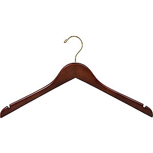 Wooden Top Hanger w/WalnutFinish, Box of 8 Hangers with Brass Swivel Hook and Notches for Hanging Straps, Great for Shirt or Dress