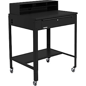 Global Industrial 34-1/2"W x 30" D x 38" H Mobile Shop Desk with Pigeonhole Compartment Riser Flat Surface, Black