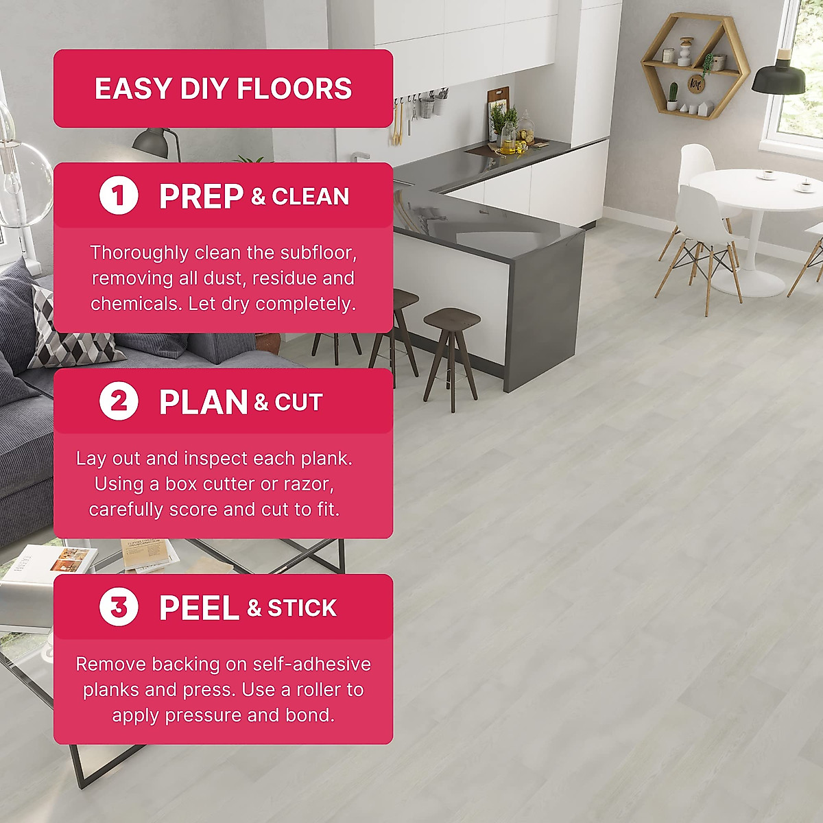 LUCiDA SURFACES Luxury Vinyl Flooring Tiles | Peel and Stick Floor Tile for DIY Installation | 12 Wood Look Planks | Cotton | BaseCore | 18 Sq. Feet