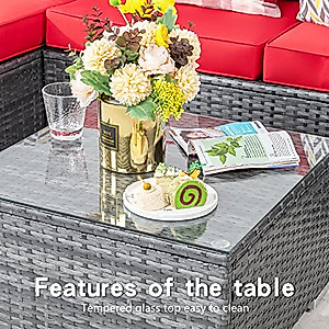 Shintenchi Patio Furniture Sets Outdoor Sectional Sofa Silver All-Weather Rattan Wicker Small Patio Conversation Couch Garden Backyard with Washable Couch Cushion and Glass Table 3 Pieces Red