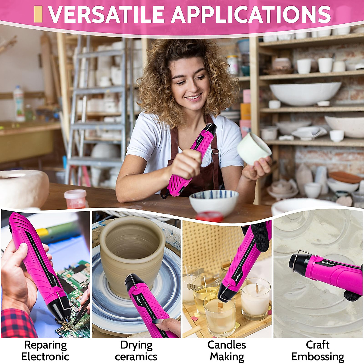 ThinkLearn Heat Gun - Mini Heat Gun for Crafting with 300W, Dual Temp Heat Gun 482°F-662°F, Fast Heat Hot Air Gun&Glue Gun Set with Nozzle, for DIY Craft Embossing Candle Making Shrink Wrapping (Pink)