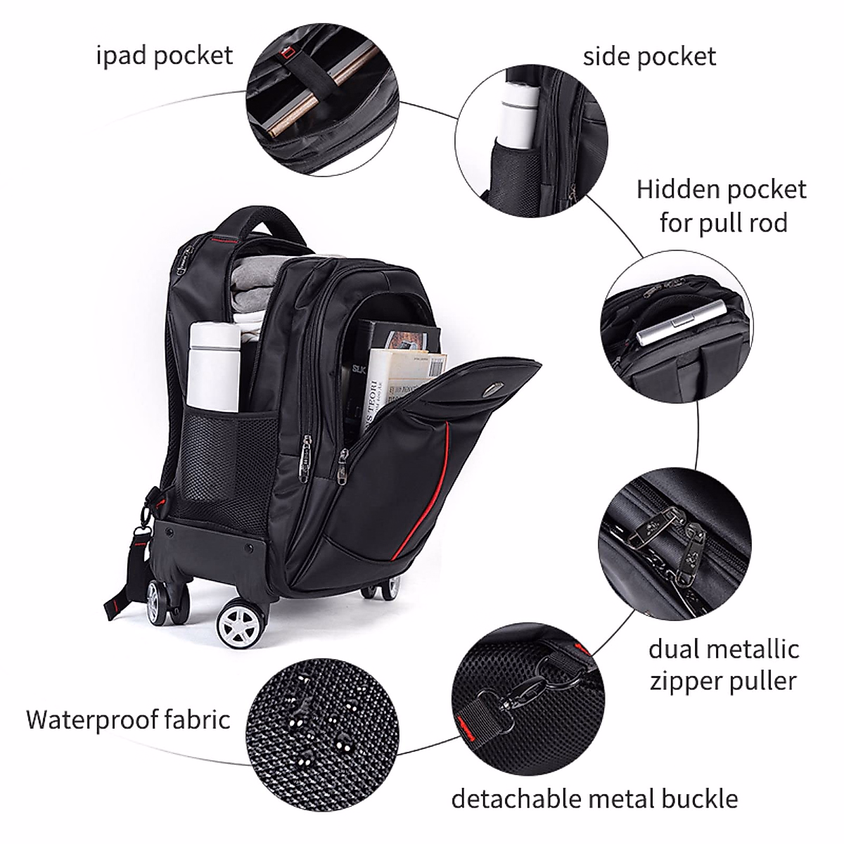 Temilla Rolling Backpack with 4 Wheels，360° Rotating Waterproof backpack with wheels，Computer Bag With Rollers And USB for Men Women, Fit 15.6 Inch laptop,For Tourism Business School