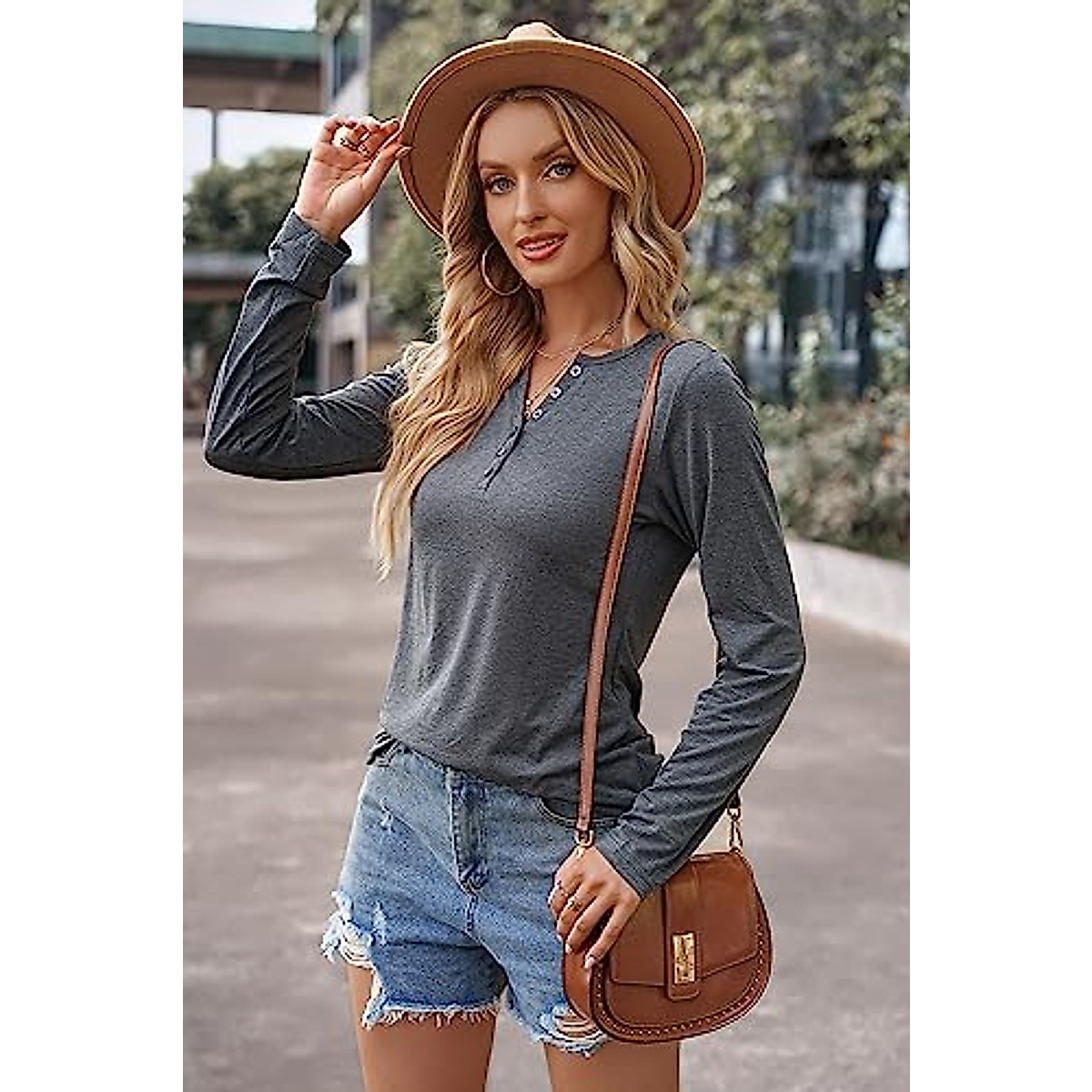 KILIG Women's Basic Long Sleeve Henley Shirts V Neck Button T Shirt Casual Plain Tops Slim Fit for Autumn Winter(D5-Dark Gray,Small)