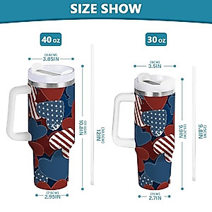 MCHIVER American Flag Heart 40 oz Tumbler with Handle and Straw Stainless Steel Vacuum Water Bottle Leak-proof Travel Coffee Mug Insulated Tumbler for Office Home Car