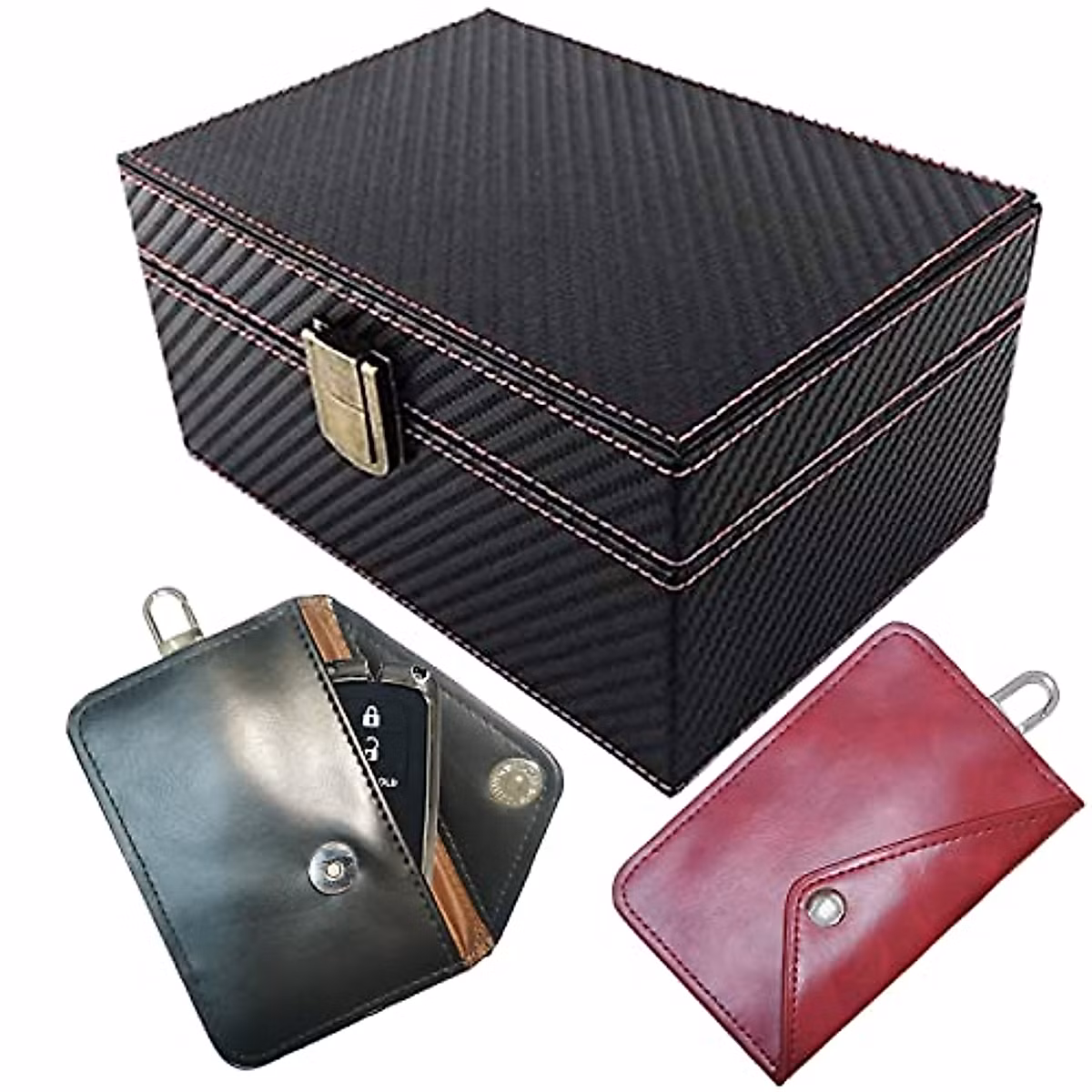 Faraday Box for Car Keys and Black/Red Car Key Signal Blocking Pouch Soft Leather Faraday Bag for Key Fob RFID Box for keyless Entry Car Keys Theft Prevention (1 Small Box + 1Black/1Red Pouch)