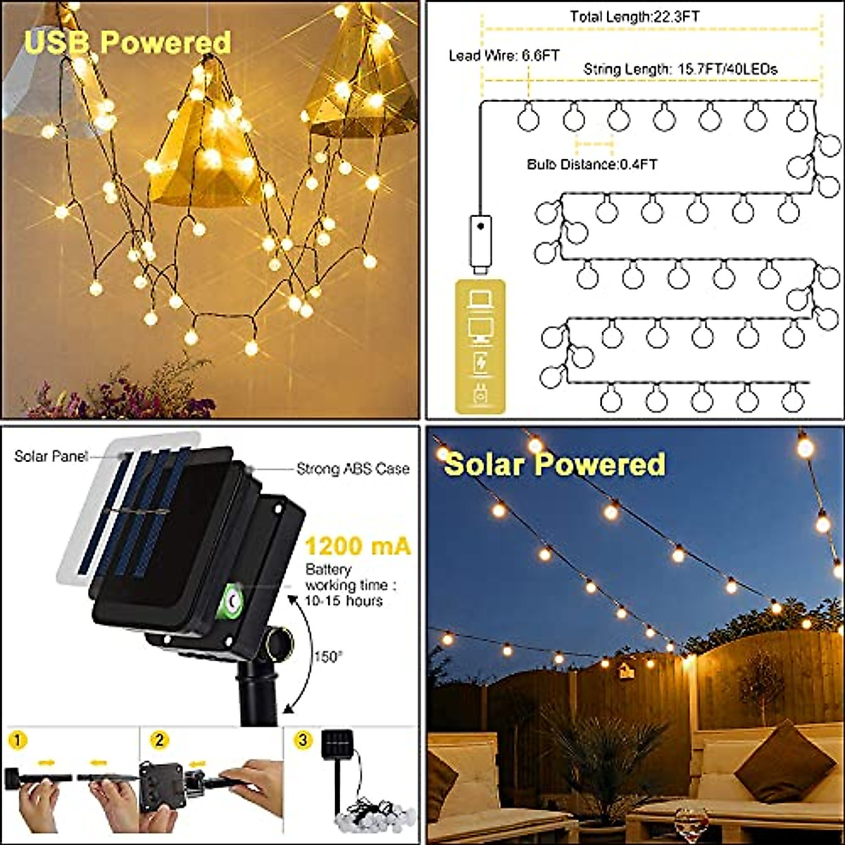 YZIXNUY Warm White Outdoor String Lights Solar/USB Powered, 22.3FT 40 LED Crystal Globe Fairy Lights with 8 Lighting Modes for Indoor Outside Garden Backyard Party Wedding (Warm White)…