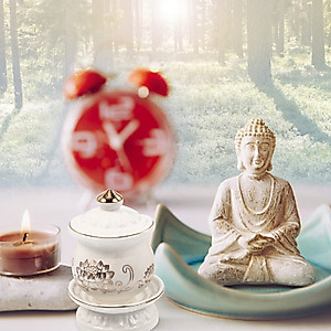 Operitacx Ceramic Holy Water Cup Buddhist Temple Water Bowls Tibetan Buddhist Worship Cup Lotus Printed Offering Cup with Tray for Home Buddhist Supplies White