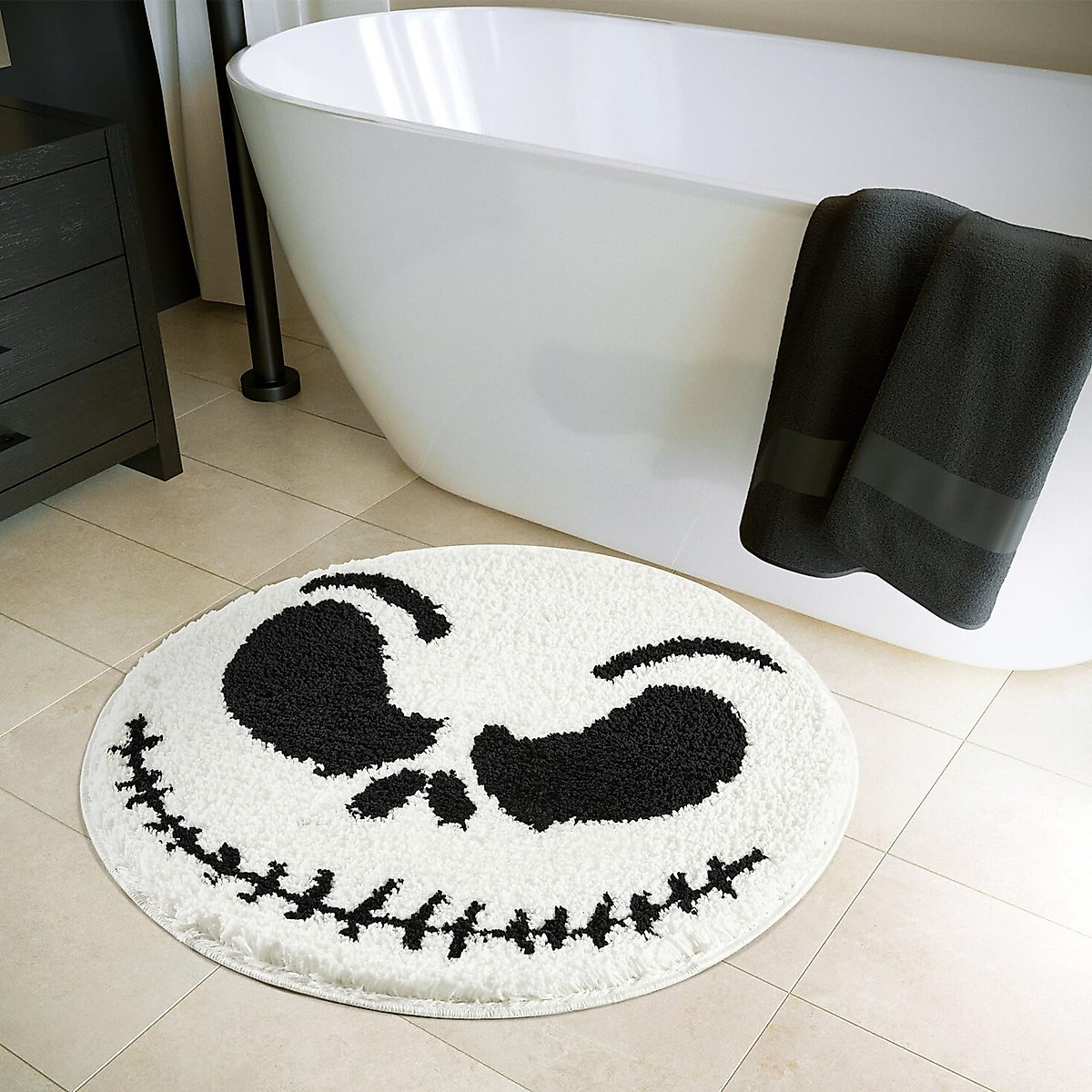 Jack Skellington Halloween Round Bathroom Rugs Mat 2ft, Non-Slip Machine Washable Soft Absorbent Shaggy Bath Rug The Nightmare Before Christmas Spooky Creepy Cute Halloween Bathroom Shower Floor Mat
