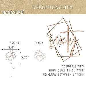 NANASUKO 60th Birthday Cake Topper - sixty - with Modern Geometric Frame - Double Sided Rose Gold Glitter - Premium Quality Made in USA