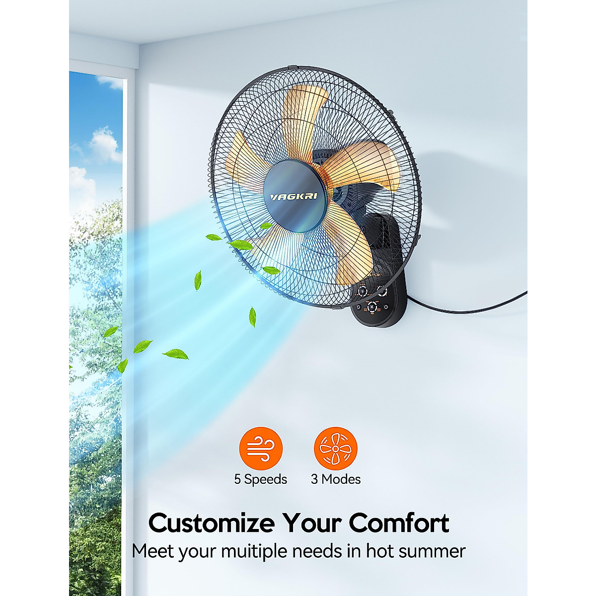 VAGKRI Wall Mount Fan, 16 Inch Wall Fan with 5 Blades, 5 Speeds, 8 Hour Timer, 90° Oscillating Quiet Fan with Remote for Home Office Bedroom Living Room Garage