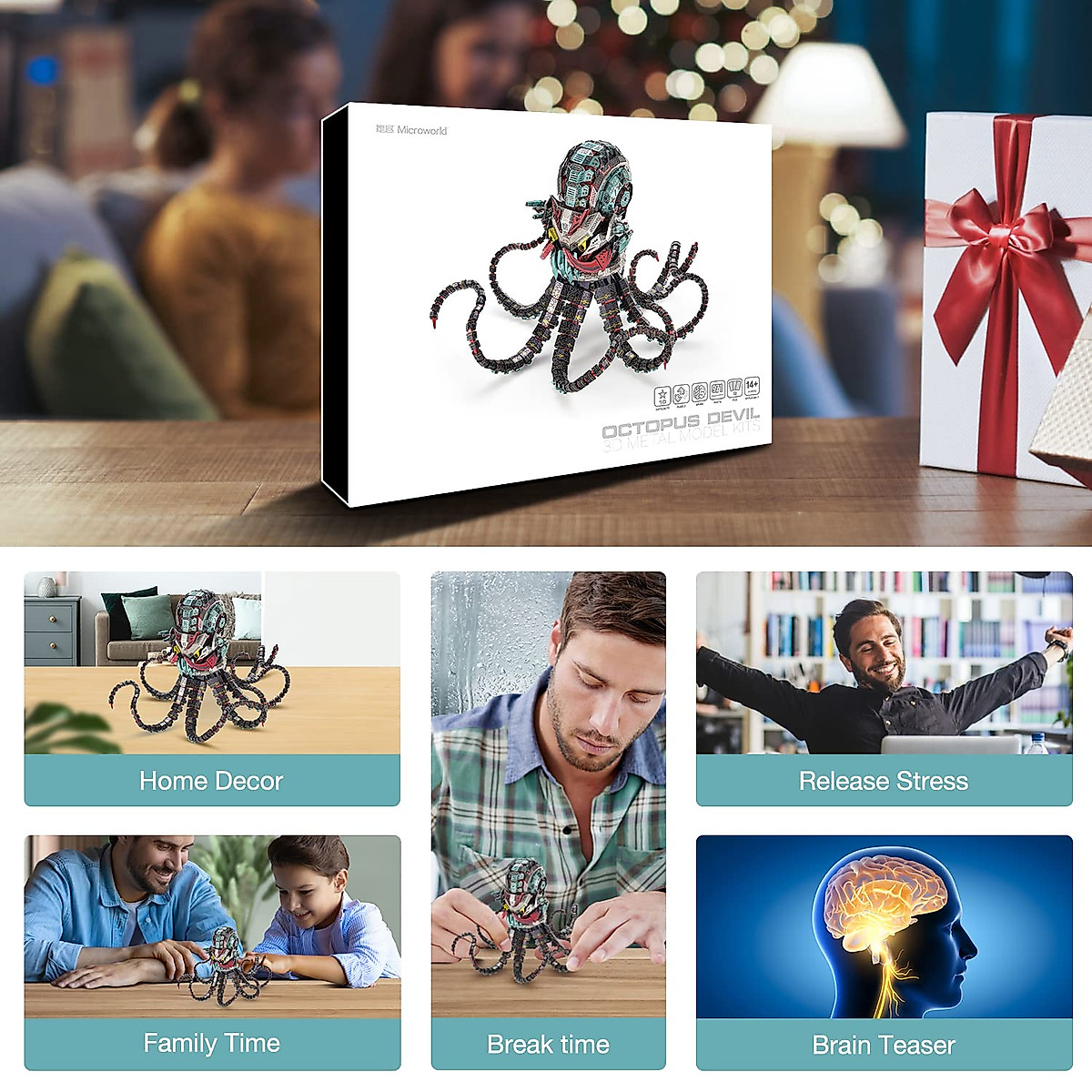 Microworld 3D Metal Puzzle, Mechanical Octopus Devil Challenge Metal Model Kits, Metal Kits Brain Teaser DIY Art Craft Home Decor Gift Toys for Adult Men