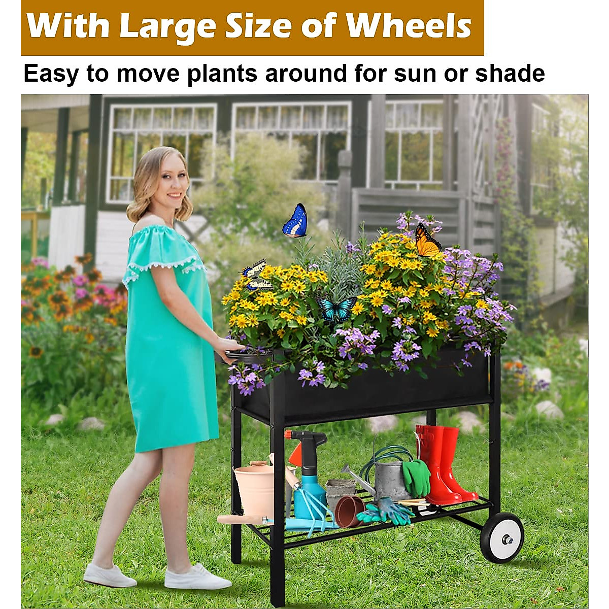 Koutemie Outdoor Raised Planter Box with Legs for Gardening, Elevated DIY Garden Bed Cart on Wheels for Vegetables Flower Tomato Herb Plant, Black