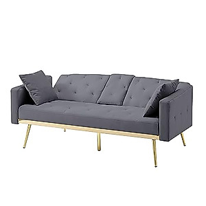 ERYE Upholstered Futon Sofa Sitting Space Loveseat Convertible Sleeper Couch Bed for Apartment Office Home Gym Living Room Furniture Sets Sofabed, Gray Velvet Tufted with 2 Cupholders