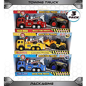 Mozlly Friction Powered Emergency Tow Truck Toys Set of 3 - Assorted Color Towing Trucks with Big Racing Monster Trucks & Bulldozer, Interactive Sound & Light - 3 Pack