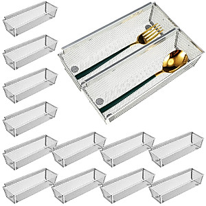 12 Set Silverware Drawer Organizer Mesh Utensil Drawer Organizer for Kitchen Cutlery Trays Holder Steel Metal Flatware Storage, 2 Inch High, Silver
