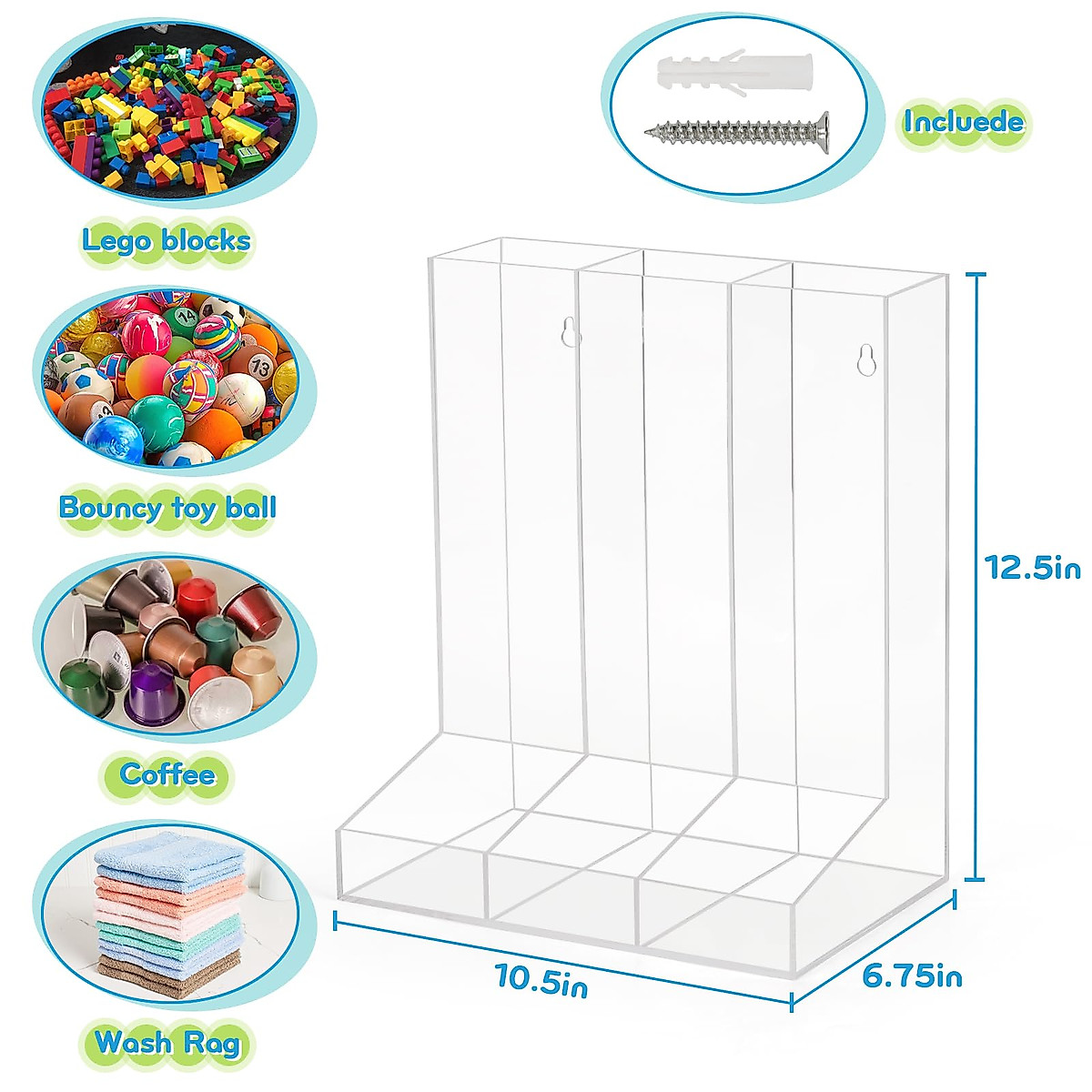 Bfttlity Acrylic Wall Toy Dispenser Acrylic Wall Organizer Kids Furniture for Playroom with 3 Compartment for Blocks, Balls, Puzzles and Coffee Capsule
