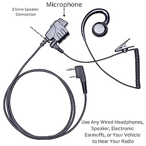 Push-to-Talk 2-Pin K1 Cable with Aux Audio Adapter - PTT Button for BaoFeng and Kenwood Radios - Compatible with 3.5mm Headsets and Auxiliary Inputs, Great with Electronic Earmuffs