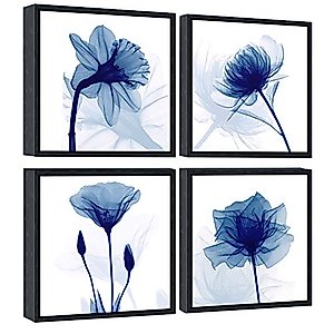 Pyradecor Black Framed Blue Flickering Flower Modern Abstract Paintings Canvas Wall Art Grace Floral Pictures on Canvas Prints 4 Panels Artwork for Bedroom Office Home Decorations