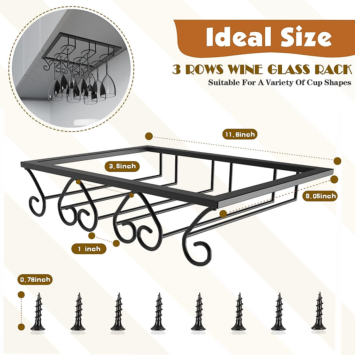 Wine Glass Rack Under Cabinet, 2 Pack Wine Glass Rack, Wine Glass Holder Under Shelf, 3 Rows Hanging Wine Glasses Holder Under Cabinet, Stemware Glass Rack Inside Cabinet for Kitchen Bar