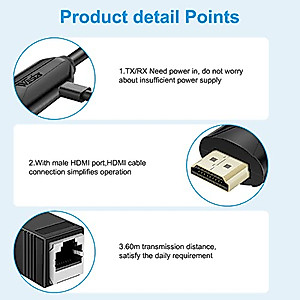 HDMI Over Ethernet Cat5e / Cat6 RJ45 Ethernet Cable, Male to Male HDMI to RJ45 Ethernet Network Converter 2 Ports up to 196ft/60m Transmitter Receiver Power On Support Full 1080p from Displays