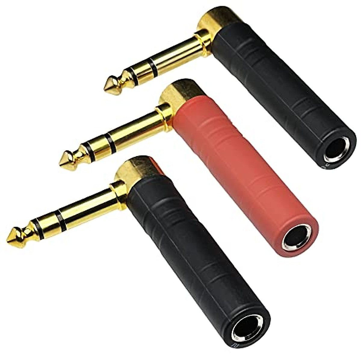 CNCESS CESS-237 Headphone / Earphone Right-Angle Adapter, 6.35mm 1/4-inch TRS Stereo Female to Male, 3-Pack (2 Black + 1 Red)