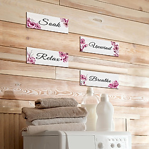4 Pieces Bathroom Decor Relax Soak Unwind Breathe Wall Art Rustic Farmhouse Wooden Signs for Bathroom Home Spa Laundry Room (Pink)