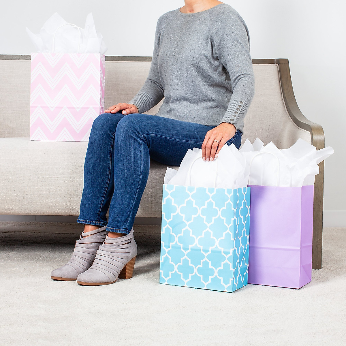 Hallmark 12" Large Paper Gift Bag Assortment, Pack of 12 in Pastel Pink, Lavender, Blue, Grey, Kraft - Solids and Patterns for Birthdays, Easter, Mother's Day and More