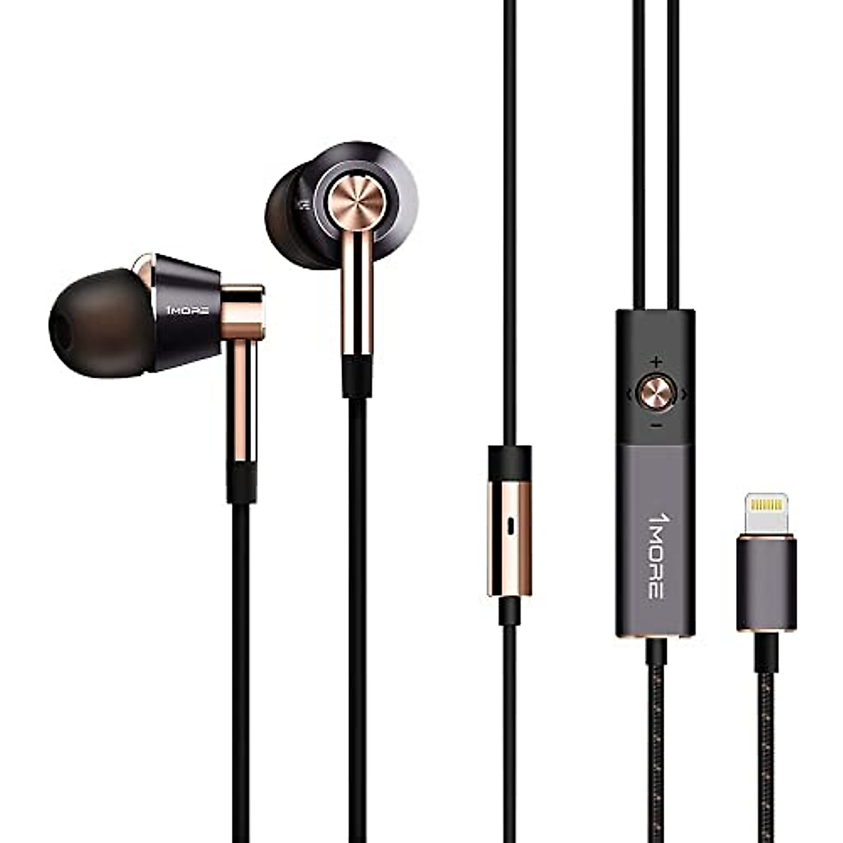 1MORE Triple-driver Headphones In-Ear Hi-Res Audio Earphones with Microphone and Remote Control Lightning Connector for iPhone7 iPhone 8 iPhone X, iPad & iPod - E1001L Gold