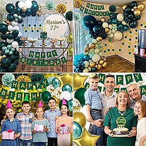 Birthday Decorations, Green Gold Birthday Party Decorations for Boy Girls Men Women, Birthday Balloons with Happy Birthday Banner, Paper Pompoms, Confetti Balloons for Birthday Party Decorations