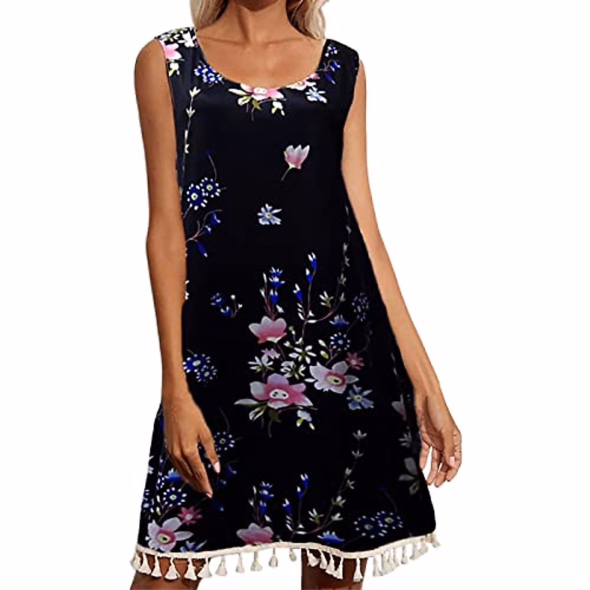 Midi Spring Dresses for Women 2023 2023 Women's Summer Loose Tassel Sleeveless Printed Dress Black
