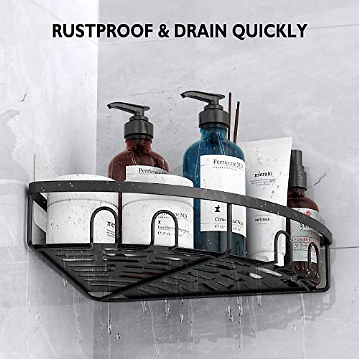 Kerisgo Corner Shower Caddy, 2 Pack Adhesive Bathroom Shower Corner Organizer Shelf, No Drilling Rustproof Wall Mounted Shower Storage Rack Shampoo Holder Organizer (Black)