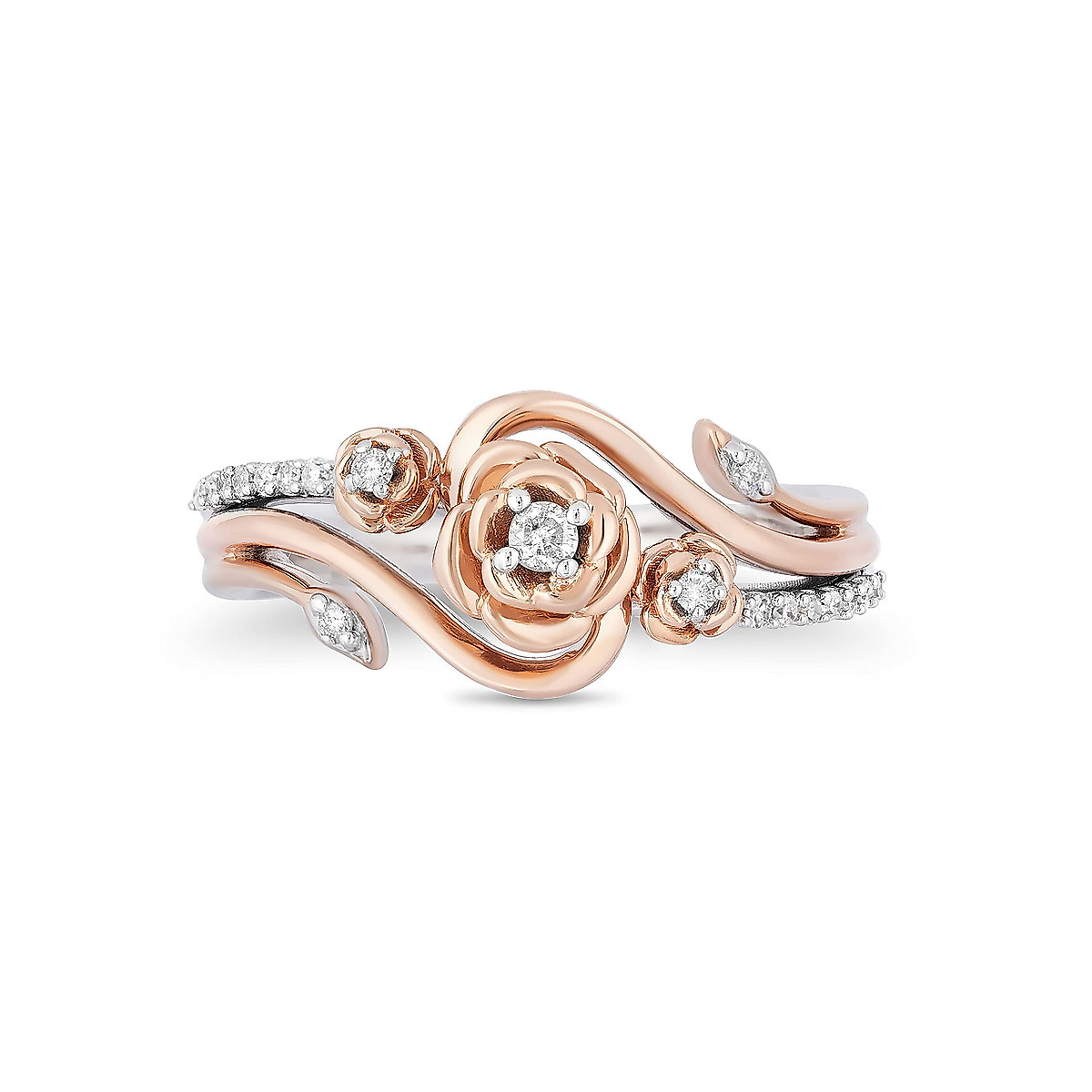 Jewelili Enchanted Disney Fine Jewelry Belle Rose Diamond Ring 1/6 CTTW in 14K Rose Gold over Sterling Silver, Size 9