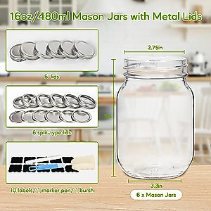 6 Pack Mason Jars 16 oz with Regular Mouth Airtight Lids, Glass Canning Jars, Pint Jars for Jams, Overnight Oats, Candies, Honeys, Snacks, Food Storage, Canned Foods, DIY Projects