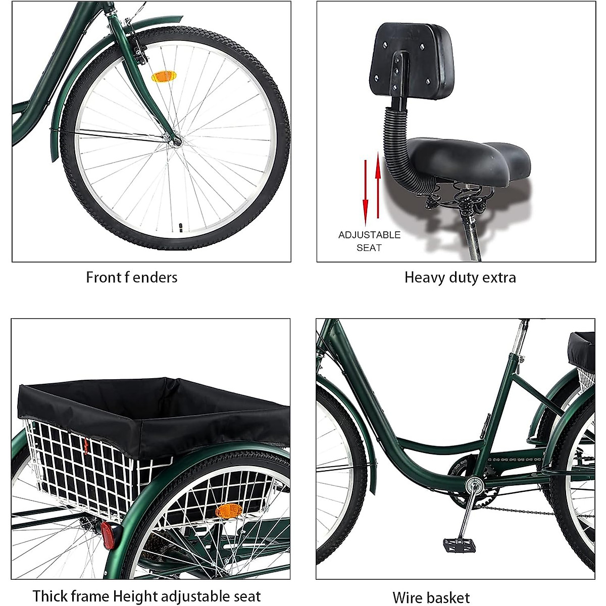 TUOKE Adult Trikes 24 inch Wheels Low Step-Through with Cargo Basket/Full Assembly Tool，Adult Tricycles Three Wheel Trike Bike Cruiser 7 Speed, Suitable for Women, Men, Seniors