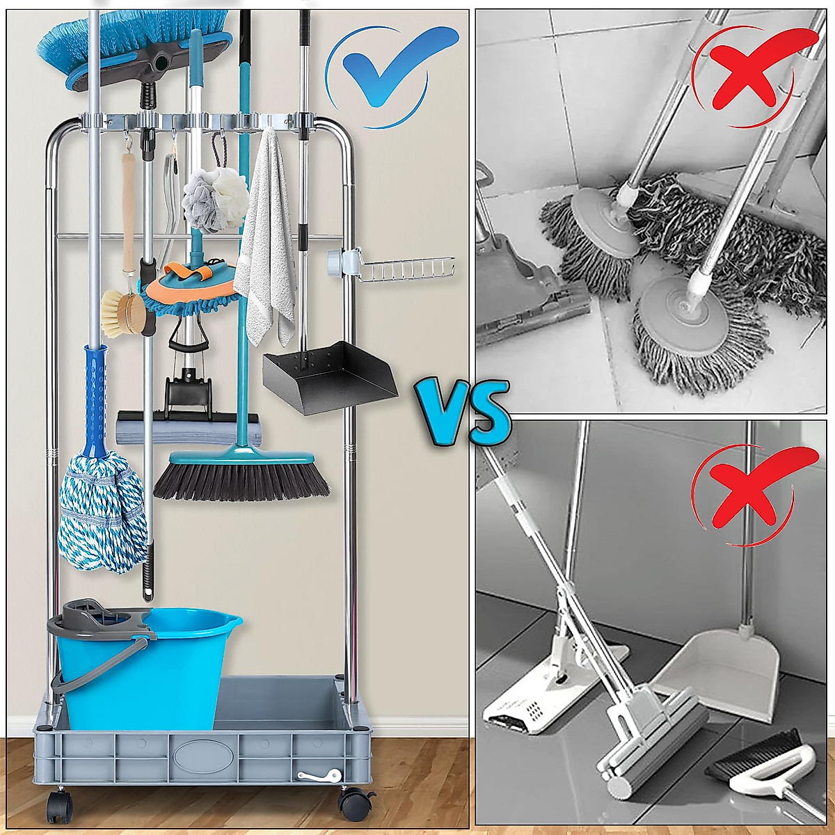 Broom Holder Organizer Movable Closet Storage Cabinet Mop Rack Floor Standing Cleaning Tool Cart For Garden Garage Schools Hotels Hospitals Factories Property Companies Restaurant (with Tank)