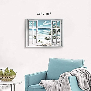 Open Windows Canvas Wall Art: Beach with Coastal Palm Graphic Artwork Print on Wrapped Canvas for Wall Decor(24''x18'')