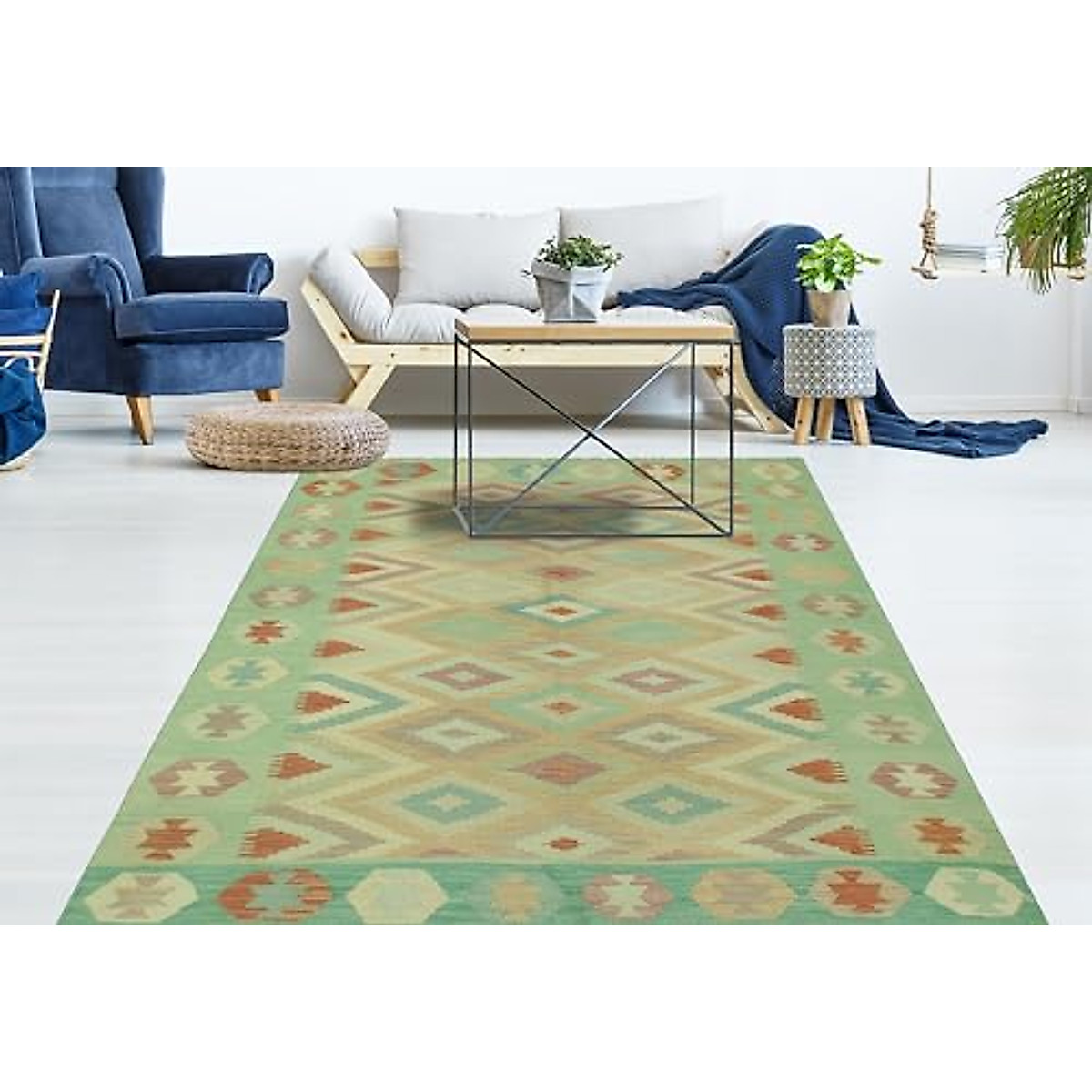 Noori Rug - Premium & Luxury Imported - Handmade Sun Faded Flatweave Francesca Rug - Green - Orange, 5'1" x 6'7" - Living Room - Bedroom