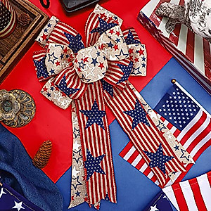 2 Pcs Patriotic Bow Wreath 4th of July Memorial Day Red White Blue Star Burlap American Flag Bow Memorial Day Bow for Indoor Outdoor Tree Topper Independence Day Party Decoration (Classic Style)