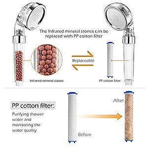 Filtered Shower Head with Mineral Stone Beads Filter, 3 Settings Handheld Spray Ecowater Spa Shower, High Pressure Water Saving Showerhead with Hose, Bracket and PP Cotton Filter Replacement