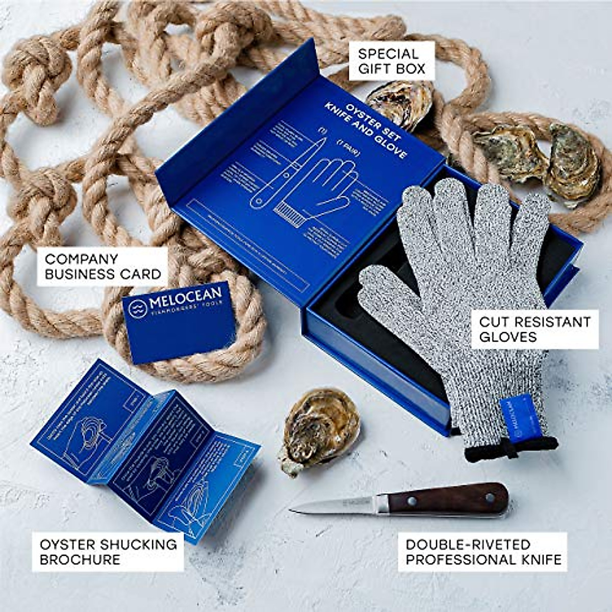 Oyster Shucking Knife and Gloves Set - Premium Oyster Knife and Oyster Shucking Glove Kit - Professional Oyster Shucker Clam Knife Oyster Opener Tool in Lovely Box - Bonus Ebook and Brochure Included