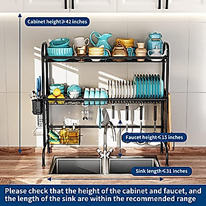 MOUKABAL Over The Sink Dish Drying Rack, Over Sink Dish Drying Rack with 2 Tier Utensil Holder,Large Stainless Steel Dish Racks for Kitchen Counter(2 Tier Black)