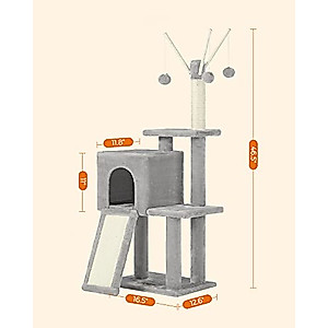 Feandrea Cat Tree, Small Cat Tower for Indoor Cats, Kittens, Multi-Level Plush Cat Condo, 16.5 x 12.6 x 46.5 Inches, Scratching Post, Ramp, 3 Removable Pompom Sticks, Cat Cave, Light Gray UPCT143W01